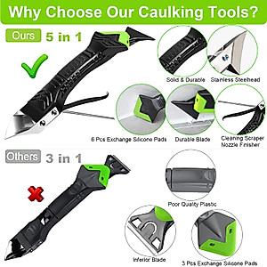 Caulking Tool 5 in 1 Silicone Caulking Grout Removal Tool Sealant Finishing Tool with Grout Scraper, 6 Exchange Silicone Pads, Adhesive Residue Scraper Seam Repair Tool Kit for Kitchen Bathroom