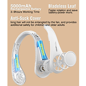 HonHey Personal Neck Fan, Bladeless Portable Neck Fan with 5000mAh Rechargeable Battery Operated and 3 Adjustable Speed, Adjustable Hands Free Fan, 360°Wearable Fan for Working/Outdoor/Travelling (GREEN)