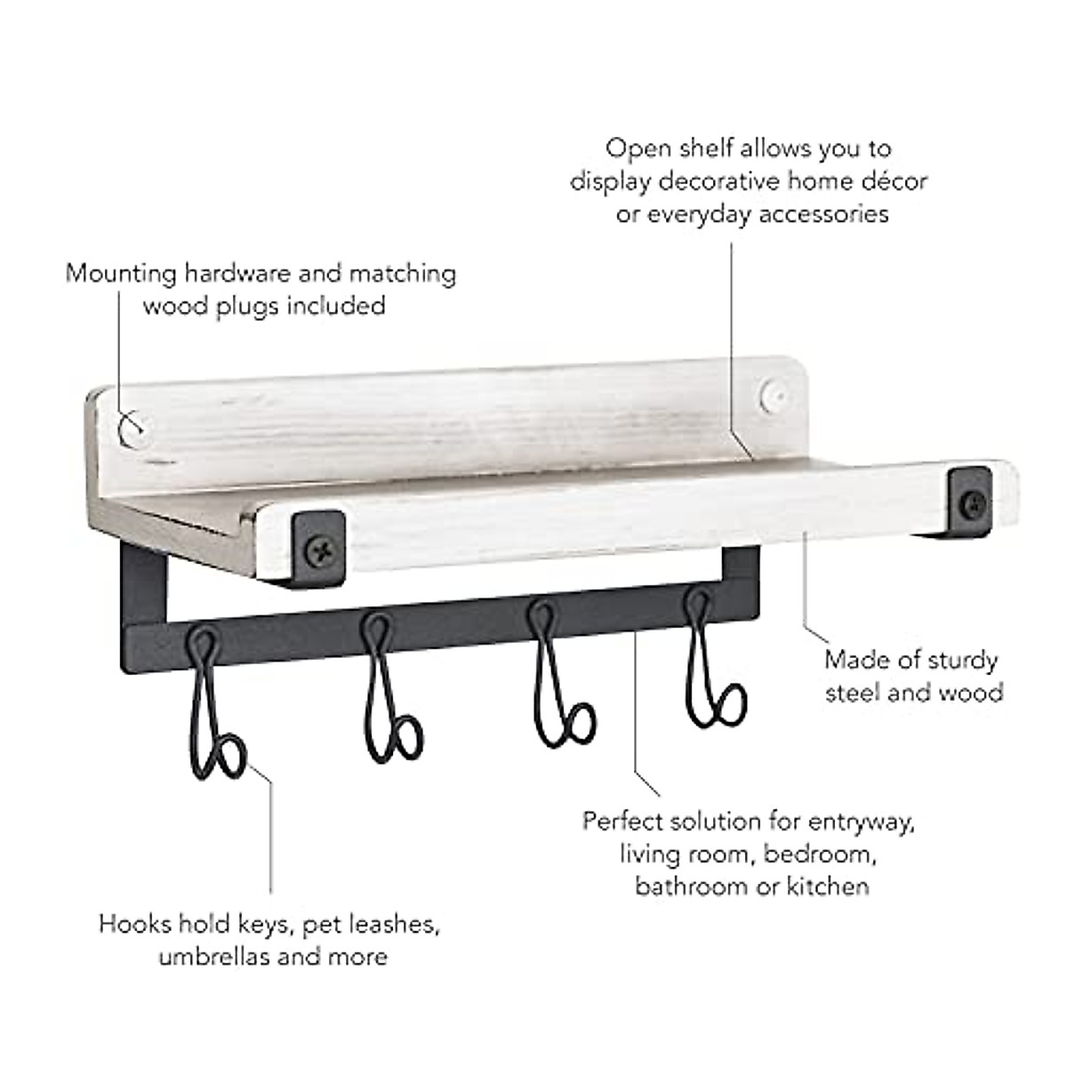 Spectrum Diversified Rowan Wall Mount Wood Valet & Hook Station for Entryway Storage and Organization, White Wash/Industrial Gray