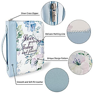 IvyRobes Zipper Bible Cover for Women Girls PU Leather, Blue Floral Pattern with Handle, Bible Bag Carrying Case Large Size