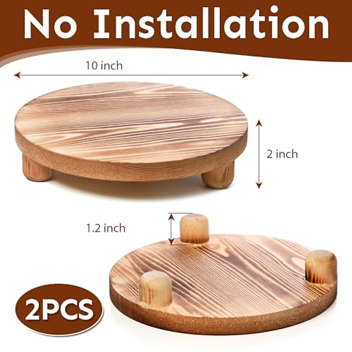 HULISEN Wood Risers for Decor, 10 Inch Round Wooden Pedestal Stand for Indoor Plant Pot Riser, Set of 2 Farmhouse Rustic Decorative Display Tray for Kitchen Counter and Bathroom Table (Natural)