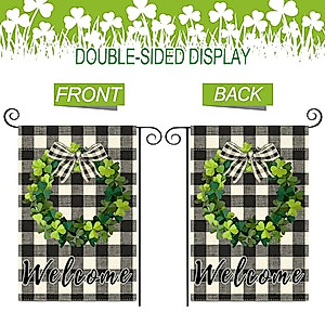 BEZKS St Patricks Day Small Garden Flag 12.5 x 18 Inch, Best Choice Bow Shamrock Wreath Welcome Double Sided Decorative Flag For Outside Yard Lawn Decoration (JS01)
