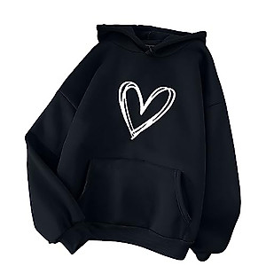 ZunFeo crop sweatshirts for women women blak friday deals Hoodies for Teen Girls Cute Heart Graphic Pullover Tops Oversized Drawstring Sweatshirts Soft Y2k Top Black 3X