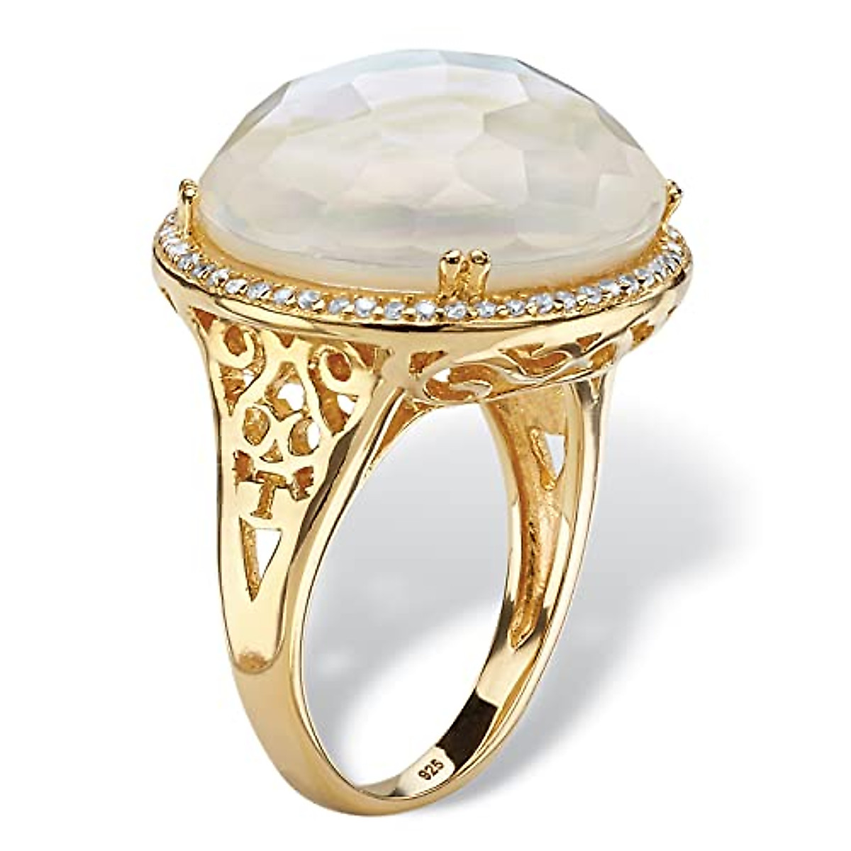 PalmBeach Yellow Gold-Plated Sterling Silver Round Genuine Mother of Pearl or Checkerboard-Cut Green Glass and Round Cubic Zirconia Pave Ring Size 8