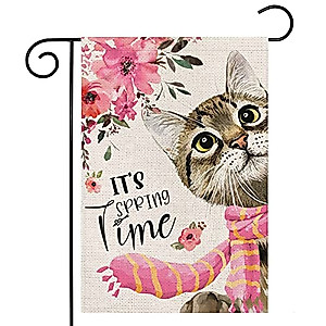 Spring Garden Flag for Outside 12x18 Double Sided,Cat with Sakura Scarf Small Yard Flag,Summer Seasonal Decors for Outdoor Anniversary Wedding Farmhouse Holiday