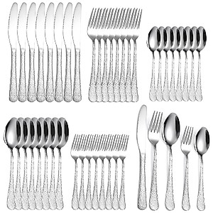 A · HOUSEWARE Vintage Silverware Set Hammered Flatware Silver Eating Utensils Stainless Steel Forks Spoons Knives for Restaurant Home Kitchen Parties Durable
