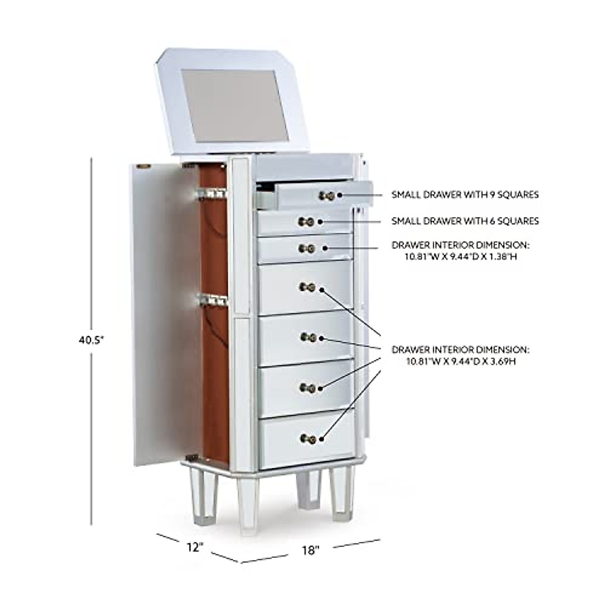 Powell Jewelry Armoire Wood, Silver Mirrored