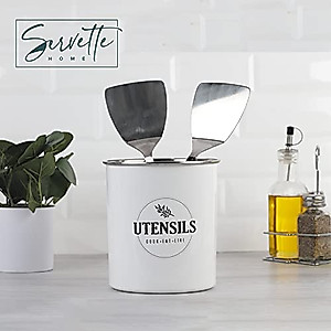 Stainless Steel Utensil Holder with 2 pc Set of Turners -White Crock Caddy for Large Utensil Holder for Kitchen Counter.