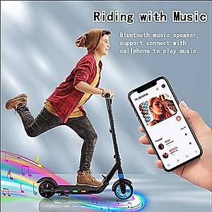 Electric Scooter for Kids Ages 6-12, Colorful Rainbow Lights, Bluetooth Music Speaker, LED Display and Adjustable Speed, Foldable E-Scooter for Kids Girls Boys, Ideal Gift for Children (Black)
