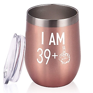 39 Plus One Middle Finger Wine Tumbler, 40th Birthday Gifts for Women Men, Wine Tumbler with Saying Funny Gifts Idea for Wife Mom Friends Coworkers, 12 Oz Insulated Wine Tumbler Glasses, Rose Gold
