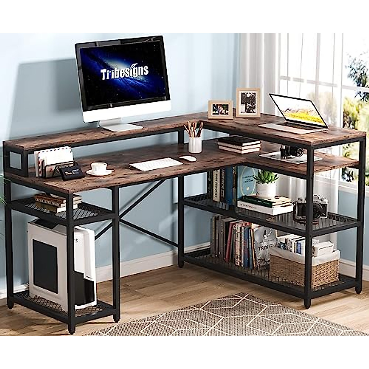 Tribesigns L Shaped Desk with Storage and Monitor Stand, Industrial Home Office Computer Desk with Storage Shelves, 59 Inch Corner Desk with Monitor Shelf(Brown)