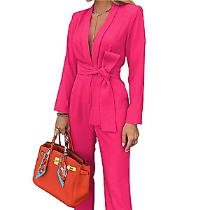 LYANER Women's Deep V Neck Shawl Collar Long Sleeve Pant with Pockets Waist Tie Romper Blazer Jumpsuit Rose Large