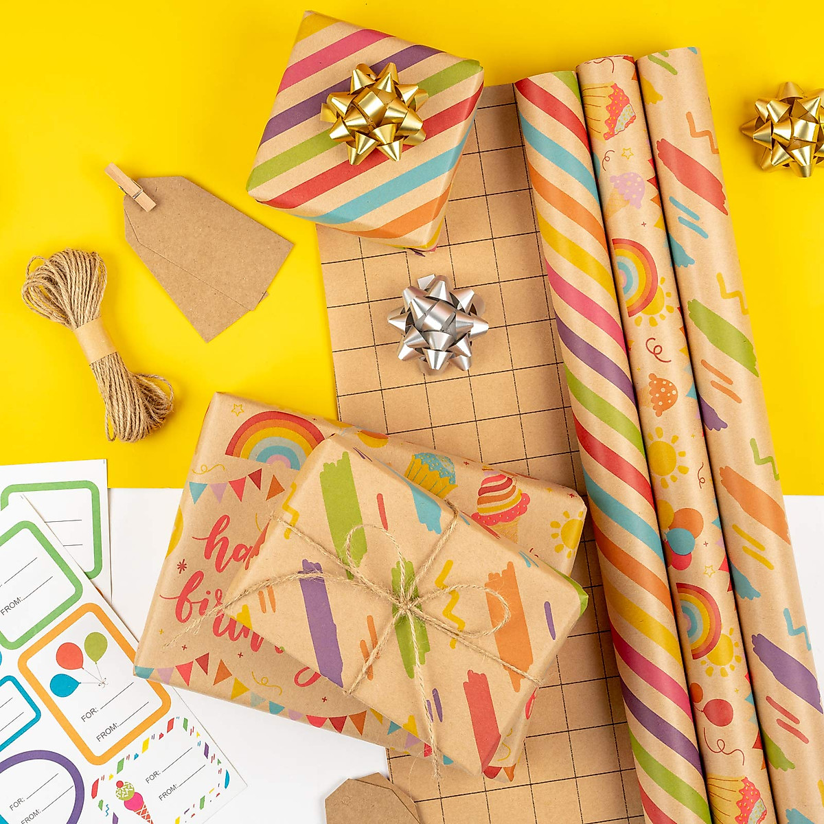 RUSPEPA Wrapping Paper Rolls with Tags and Jute String - Mini Roll - 17 inches x 10 feet per Roll, Total of 3 Rolls, Birthday