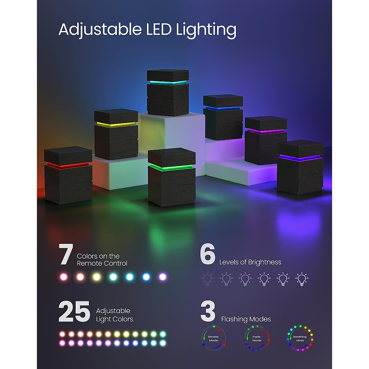 VASAGLE Nightstands with LED Lights, Set of 2, Adjustable Light Colors, Bedside Tables, Side Tables with 3 Drawers, Modern Style, 13.8 x 15.7 x 21.7 Inches, Ebony Black ULET799T58