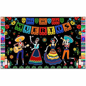 ZTHMOE 72x43inch Polyester Day of The Dead Backdrop Mexican Dia DE Los Muertos Photography Background Fiesta Sugar Skull Flowers Party Decorations Photo Banner Props with Four Holes Easy to Hang