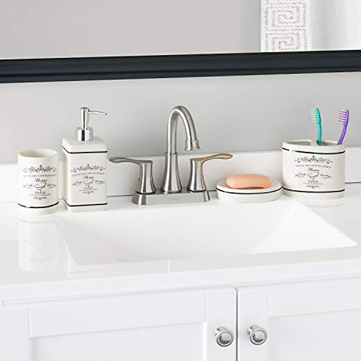 Home Basics Paris Collection 4 Piece Bathroom Accessories Set Featuring a Soap Dispenser, Toothbrush Holder, Tumbler, and Soap Dish