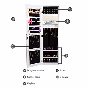 Mind Reader Jewelry Organizer, Full Length Mirror, Jewelry Armoire, Storage, Wall Mount, Wood, 12.5" L x 3.5" W x 43.5" H, White