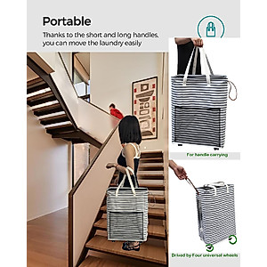 HiCharmcci Laundry Hamper, Wheeled Collapsible Clothes Hampers for Laundry, Large 82L, Dark Blue Strips, Sturdy Oxford Fabric, Mesh Closure, Portable Handle, Transparent Window