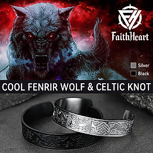 FaithHeart Viking Wolf Cuff Bracelet for Male Stainless Steel Punk Celtic Knot Norse Jewelry