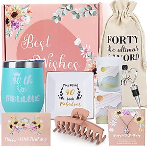 Vakuny 40th Birthday Gifts for Women - 40 Years Old Birthday Gifts Box Ideas for Mom Sister Her - 1982 Happy Birthday Gift Baskets Wine Glass Candles Necklaces