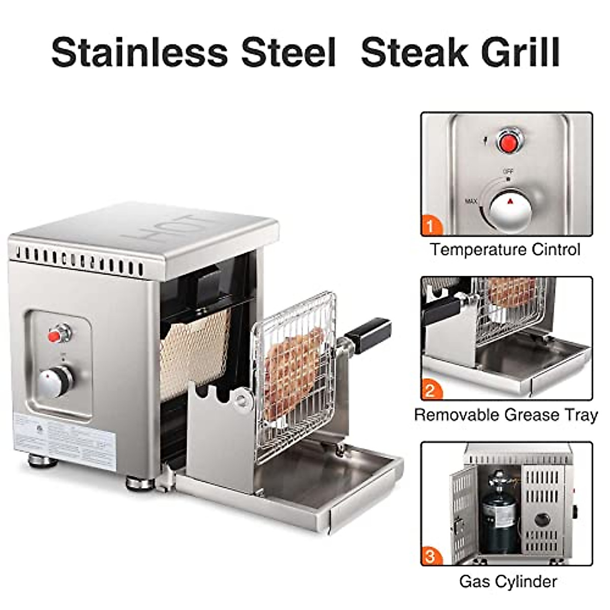 Portable Propane Camping Gas Grill, BBQ grill, 360°Mesh Wave, 8000 BTU small propane Grill with Non-Smoke Burner, Stainless Barbecue grill, Steak Grill with Temperature Probe Better for Indoor & Outdoor Use