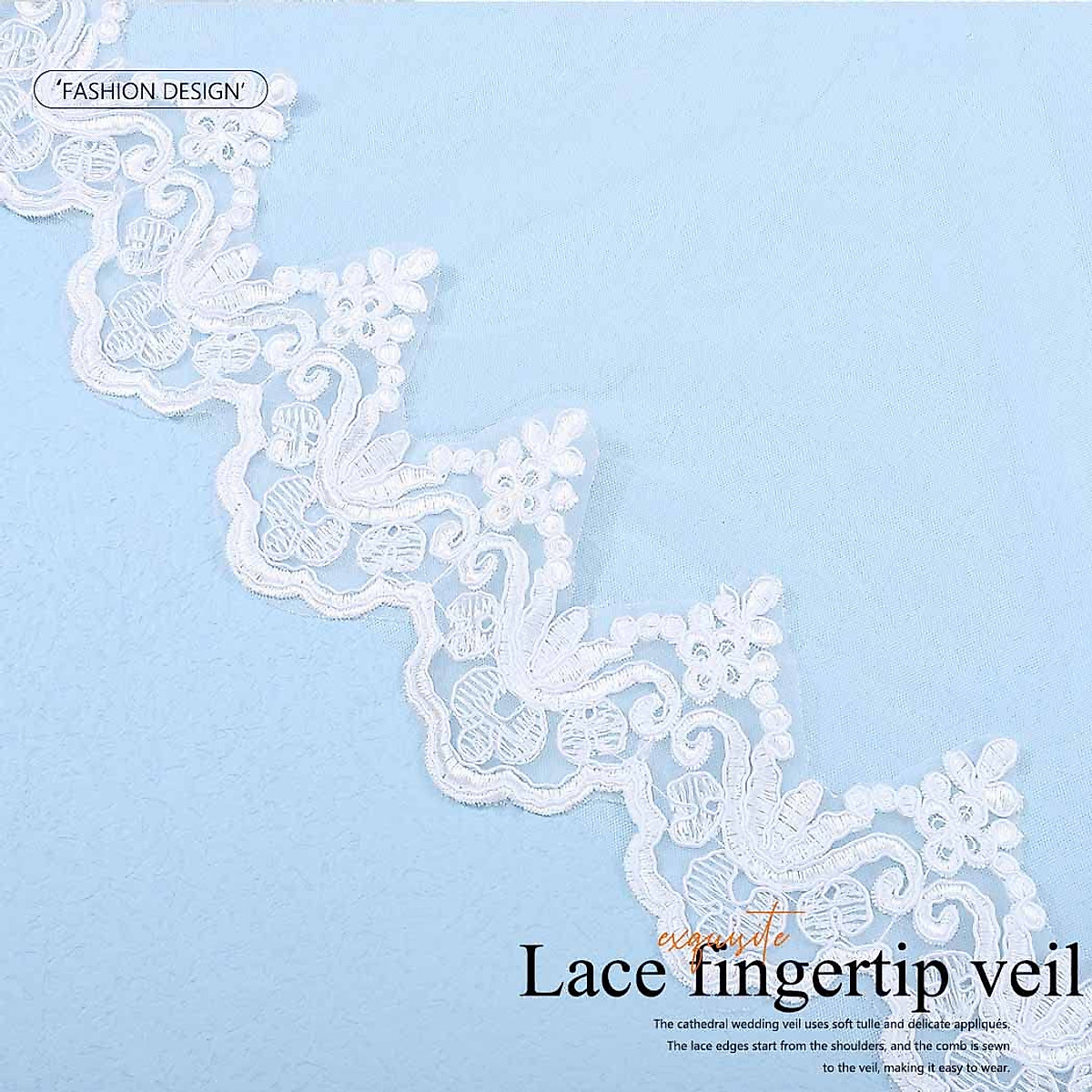 Unsutuo Lace Applique Bride Wedding Veil 1 Tier Short Fingertip Bridal Tulle Veil with Comb for Women and Girls (L:118",W:59", Ivory)