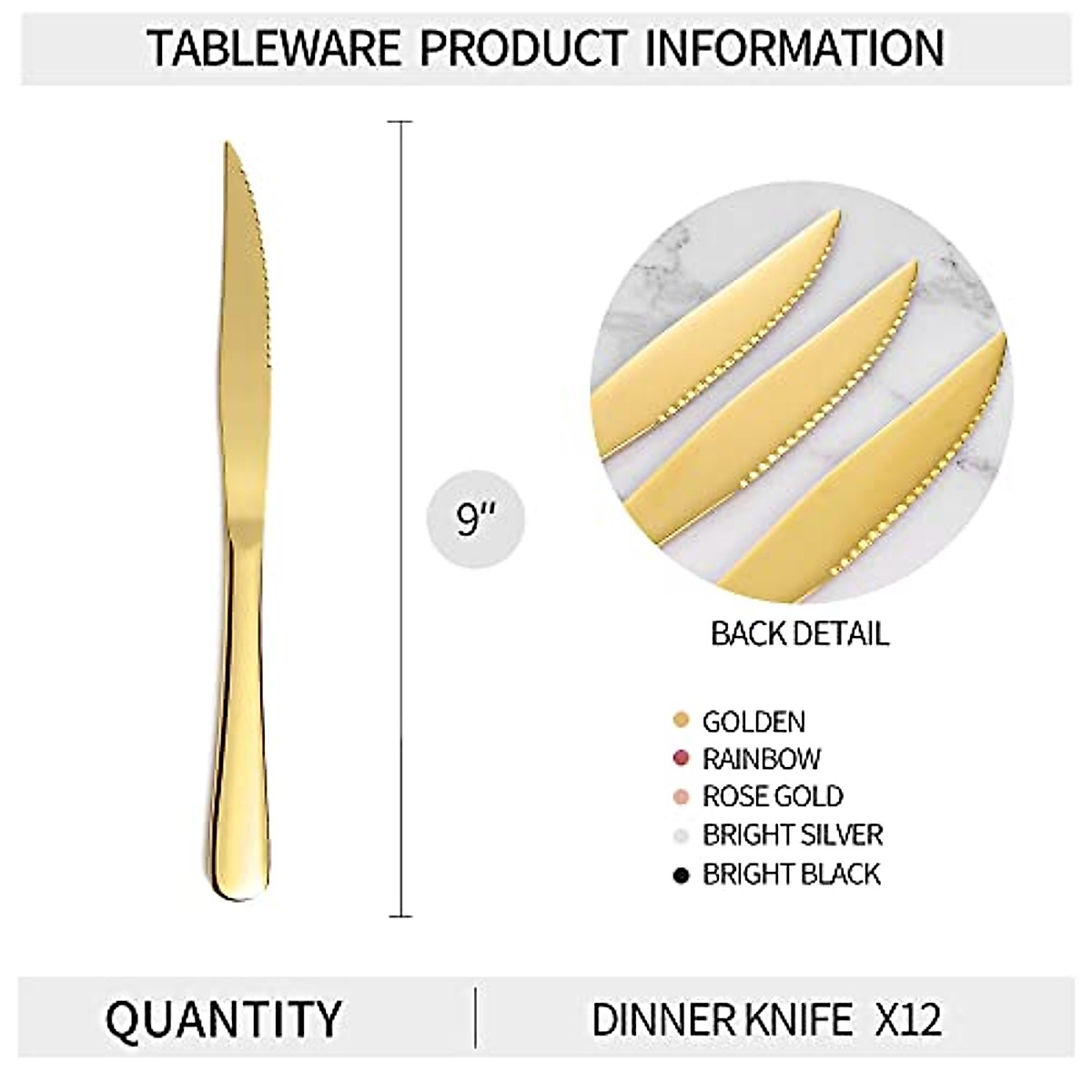 Xingjiake 12-piece Gold Steak Knives, Steak Knives Set Of 12, Stainless Steak Knives, Serrated Butter Knife, Dinner Knives Set, dishwasher safe