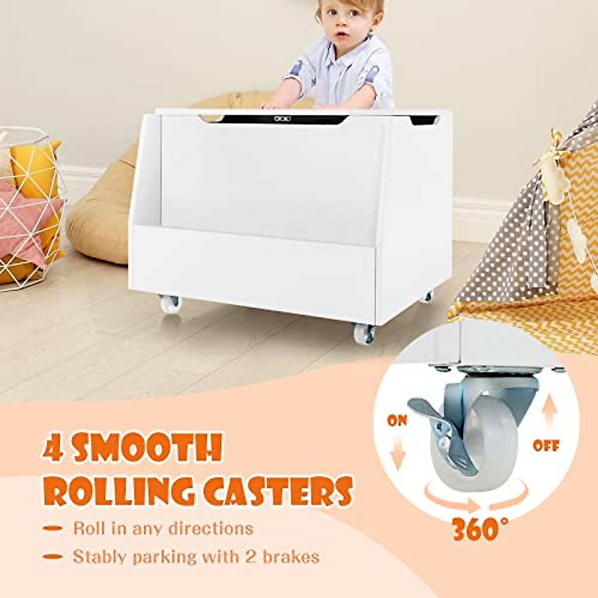 HONEY JOY Kids Wooden Toy Box, 3-In 1 Large Toy Storage Chest with Bookshelf, Flip-Top Lid, Safety Hinge & Cut-out Handle, Toddler Toy Storage Bench with Wheels, for Nursery, Bedroom, Playroom, White