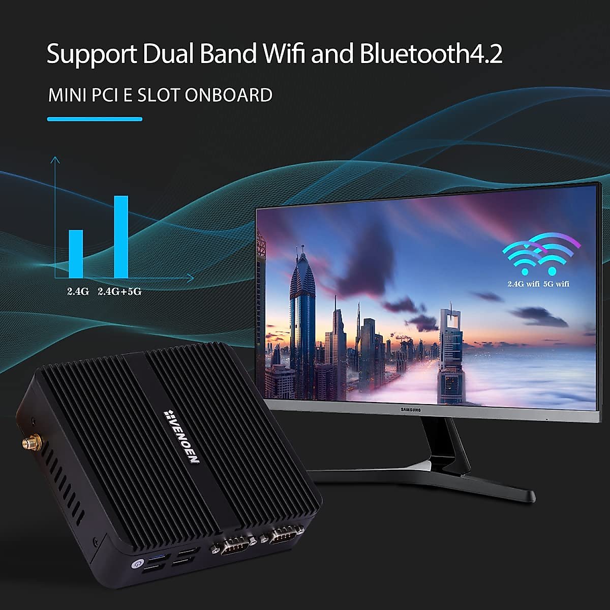 VENOEN Fanless Mini PC Windows 11, 12th Gen Celeron J6412, 8GB DDR4 RAM, 256GB SSD, 2.5inch SATA, Dual HD-MI, DP, 3-Display, 2* DB9 COM, 2* RJ45 LAN, Mini PCI E WiFi, BT, Small Computer, Low Power