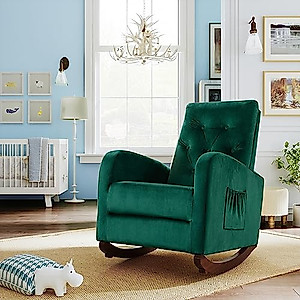 Lonfencr Modern Rocking Chair Nursery and Indoor, Rocking Chairs with High Back, Comfortable Rocker Chair Fabric Upholstered Seat, Rocker Chairs for Baby Room, Bedroom, Living Room,Green