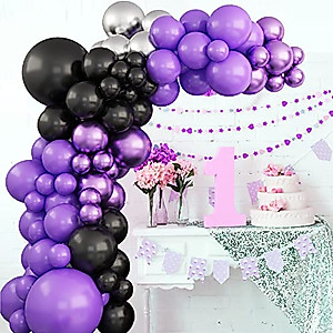 GREMAG Purple Balloon Garland Kit, 112 Pcs Black Purple Metallic Silver Balloon Arch Kits, 5 10 12 18 Inch Latex Balloons for Graduation Decorations Birthday Party Anniversary Backdrop Halloween