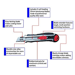 Smithline Heavy-Duty Professional Grade 25mm (1-inch) Large Utility Knife Retractable Razor Box Cutter Snap-off SK2 blades