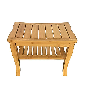 VaeFae Bamboo Shower Bench Bathroom Stool, Spa Bath Shower Stool with Storage Shelf, Wood Bench for Indoor Outdoor Use