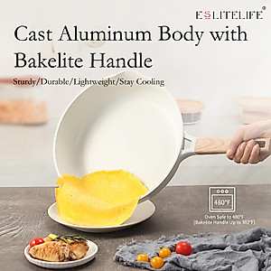 ESLITE LIFE Nonstick Frying Pan Skillet with Lid, Healthy Granite Coating Egg Omelette Pan Stone Cookware Chef's Pan, PFOA Free(Cream, 8" w/Lid & Spatulas)