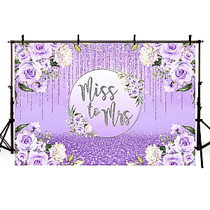 AIBIIN 7x5ft Miss to Mrs Backdrop for Bridal Shower Party Decorations Purple Glitter Floral Wedding Bride to Be Engagement Silver Shiny Bokeh Banner Photography Background Cake Table Photo Shoot Props