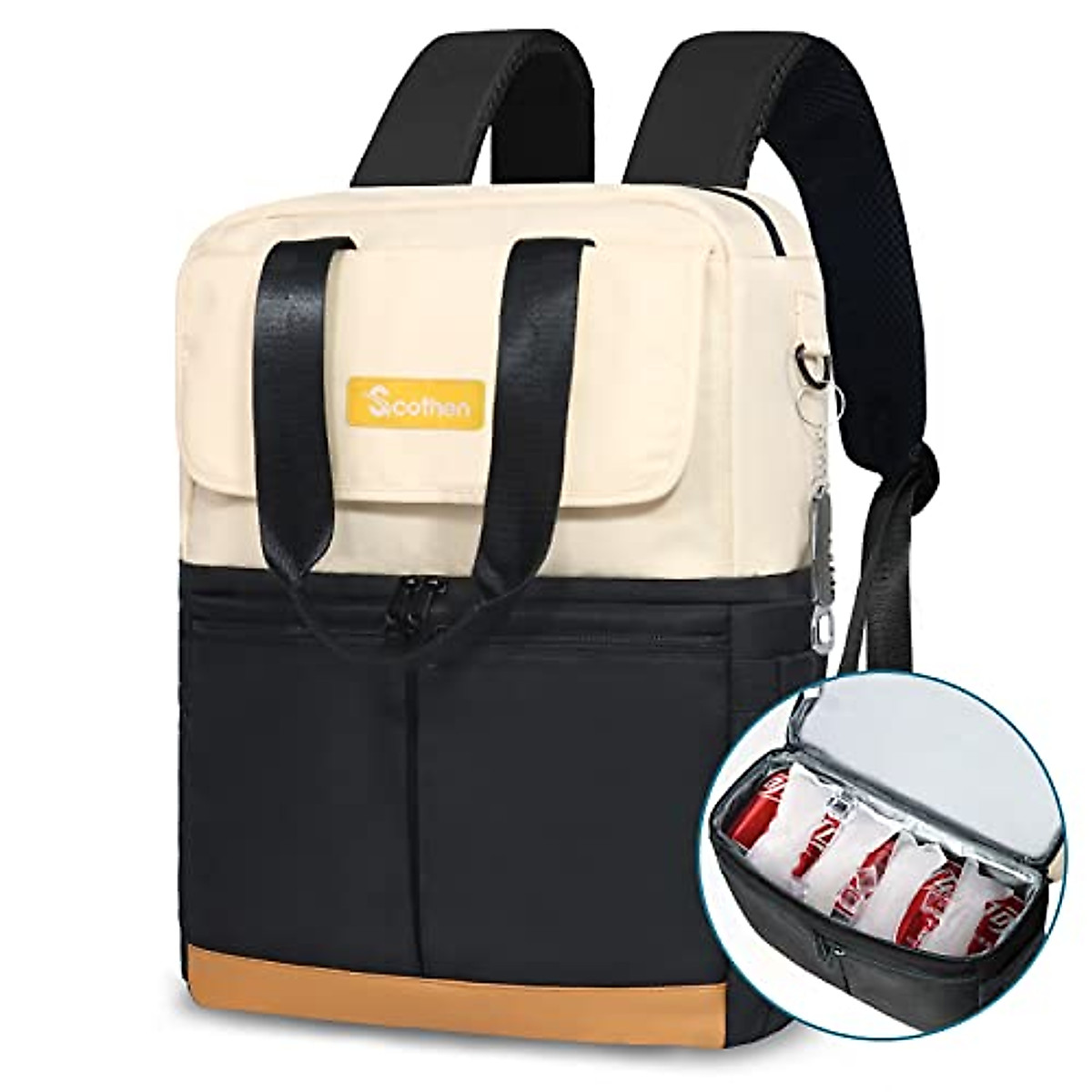 Scothen Backpack Cooler with Double Decker & 12 Ice Packs- Keeps 36 Cans Cold for Up to 24 Hours- Waterproof & Leak Proof Insulated Cooler Backpack- Stylish Cooler Bookbag for Women Travel Work Beach