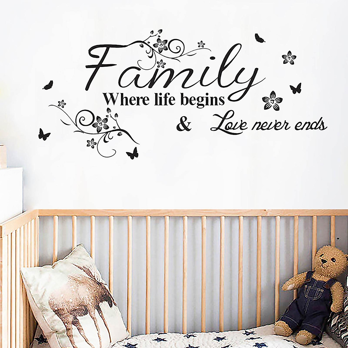 Wall Stickers, Home Decorations for Living Room, Family Where Life Begins & Love Never Ends, Letters for Wall Decor Word Sticker Decal Peel and Stick for Classroom Home Bedroom Family Office Wall Art Decor