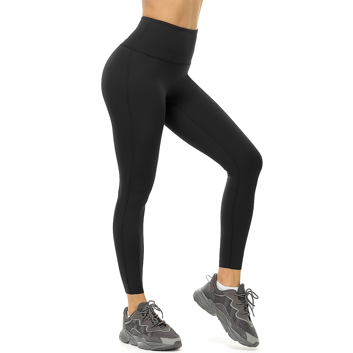 icyzone No Front Seam Workout Leggings for Women, High Waisted Compression Gym Running Yoga Pants Tummy Control (Black, L)