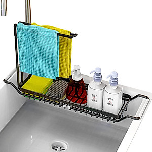 Sink Caddy, Expandable Kitchen Sink Organizer,Stainless Steel Sponge Holder for Kitchen Sink,Over Sink Kitchen Caddy with Dishcloth Towel Holder,Telescopic Sink Rack for Soap,Scrubber Brush (Black)