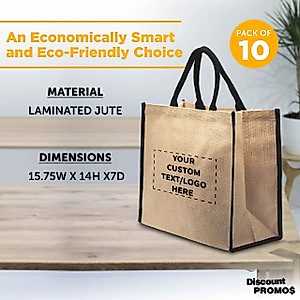 DISCOUNT PROMOS Custom Fresno Eco Friendly Jute Tote Bags Set of 10, Personalized Bulk Pack - Reusable, Great for Tradeshows, Grocery, Shopping and Outdoor Events - Black