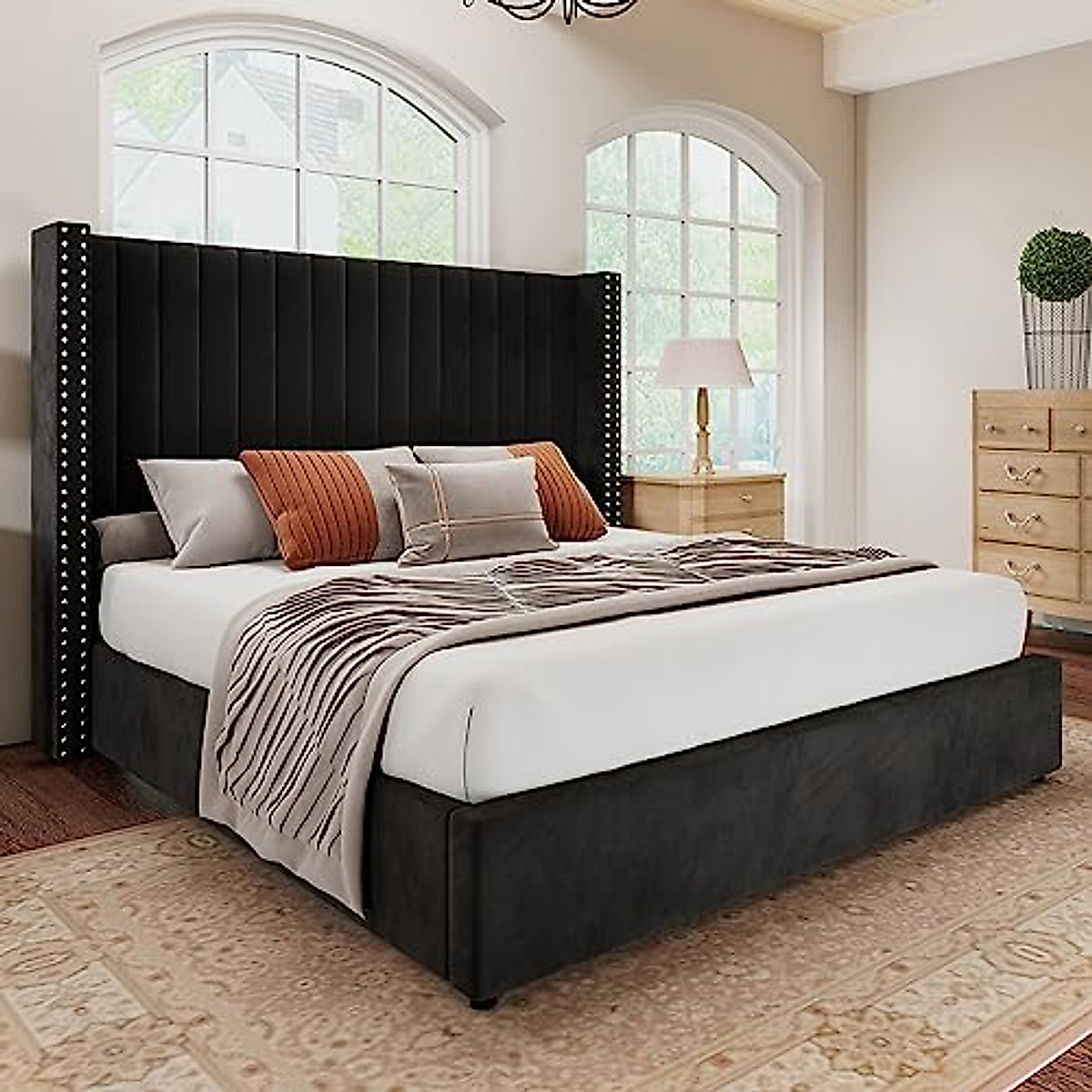 Jocisland Queen Bed Frame Lift Up Storage Bed, Velvet Queen Upholstered Bed Frame Channel Tufted Wingback Headborad/No Box Spring Needed/Black