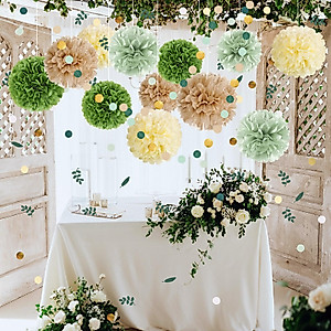 PAPER JAZZ Sage Green Party Decorations Sage Green Tissue Paper Pom Poms Circle Dots Garland Leaf Confetti Hanging Backdrop for Girl Women Birthday Baby Shower Bridal Shower Wedding Party Supplies