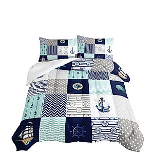 HOSIMA Nautical Comforter Set Queen,Plaid Patchwork Ocean Themed Bedding Sailboat and Anchor Print Kids Bedding Set for Boys Adult Kids Girls,Navy Blue Comforter Queen Size with 2 Pillow Shams.