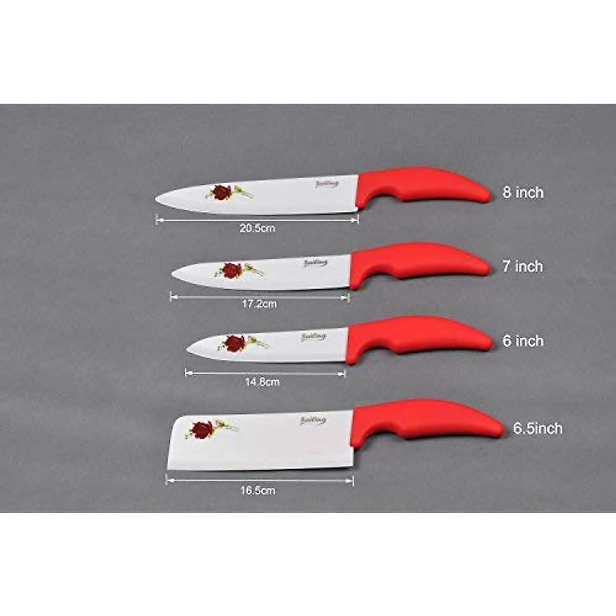 Sailing. Elegant 6.5-inch Ceramic Chef's Knife, Red Handle,White Blade with Red Flower - Best Kitchen Ceramic Cutlery, Featuring Designs