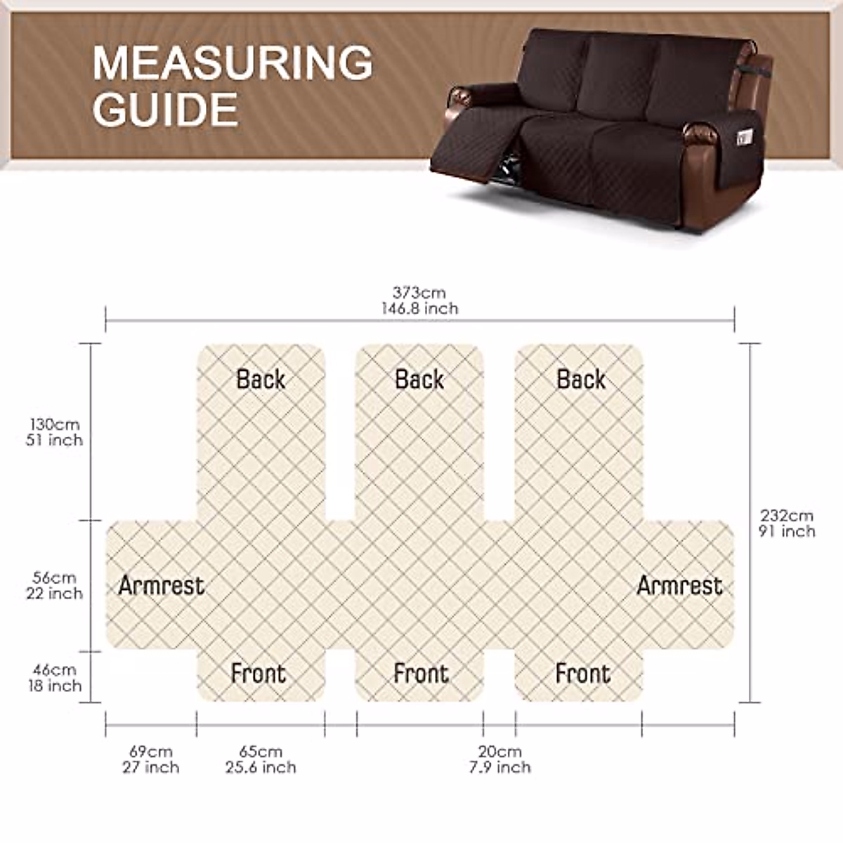 KinCam Waterproof Recliner Sofa Cover, Non-Slip Reclining Couch Covers for 3 Seat, Recliner Couch Cover Furniture Protector with Elastic Straps for Pets, Kids, Dark Chocolate