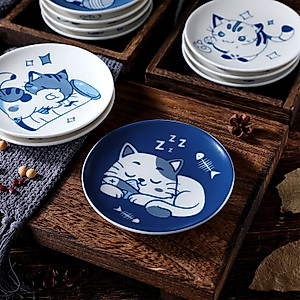6 Pieces Soy Sauce Dish Japanese Small Cat Plates Set Ceramic Cute Cats Design Appetizer Dessert Sushi Salad Small Plate 3.94 x 0.8 Inches