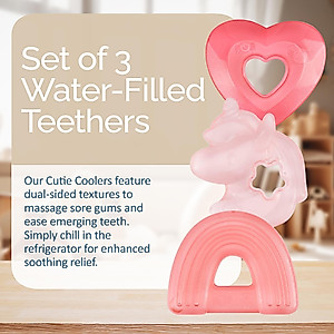Itzy Ritzy Water-Filled Teethers - Cold Cutie Coolers Textured On Both Sides to Massage Sore Gums & Emerging Teeth - Can Be Chilled in Refrigerator, Set of 3 Coordinating Pink Unicorn Water Teethers
