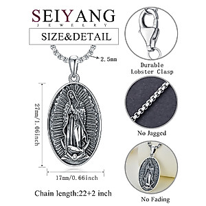 Seiyang Virgen de Guadalupe Necklace Sterling Silver Virgin Mary Pendant Miraculous Medal Pendant Religious Gift for Women Mom