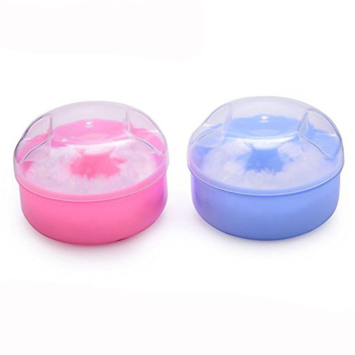 2 Pcs Pink and Blue Plastic Baby Care After-bath Powder Puff with Portable Talcum Powder Holder Box Empty Makeup Container Prickly Heat Powder Applicator Flutter for Baby Skin Care