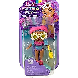 Barbie Extra Mini Minis Travel Doll with Beach Fashion, Tie-Dye Swimsuit and Tropical Accessories, Barbie Extra Fly Small Doll